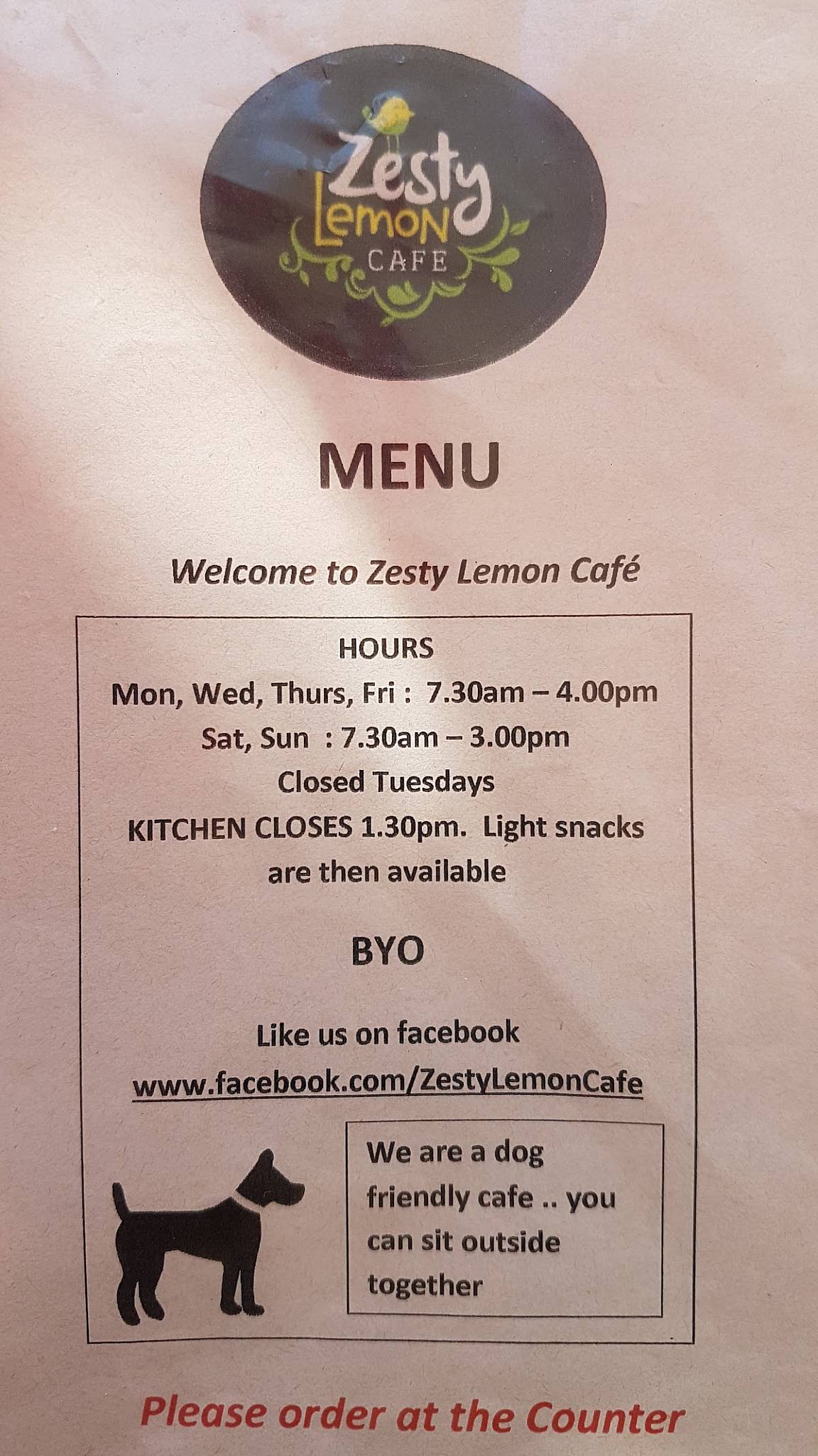 Menu at Zesty Lemon Cafe, Deception Bay