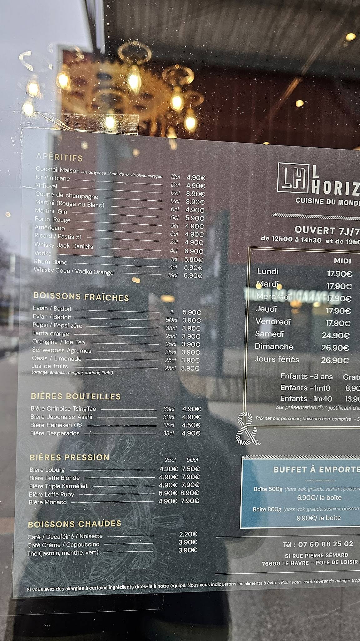 Menu au Restaurant l'Horizon, Le Havre