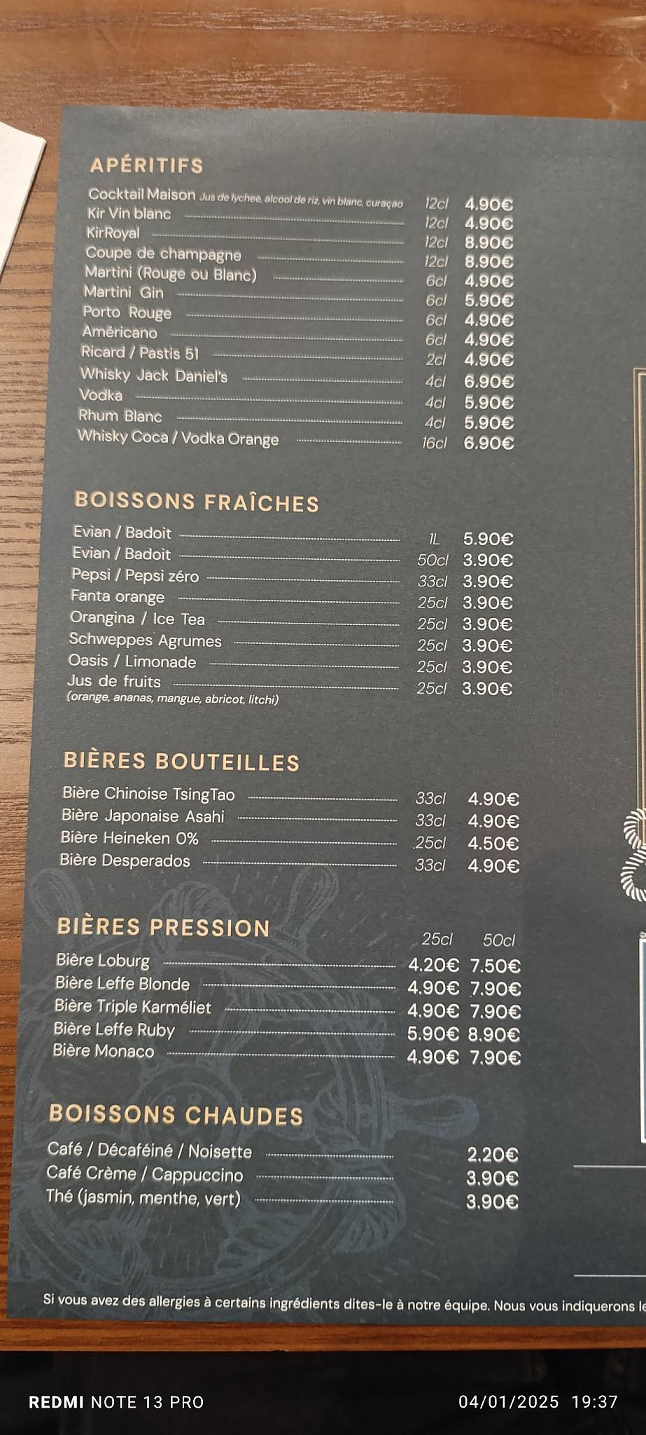 Menu au Restaurant l'Horizon, Le Havre