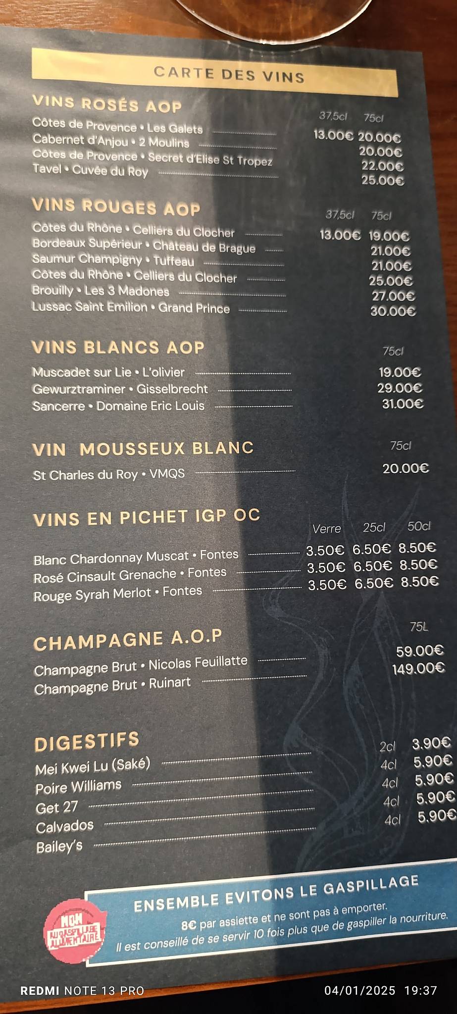 Menu au Restaurant l'Horizon, Le Havre