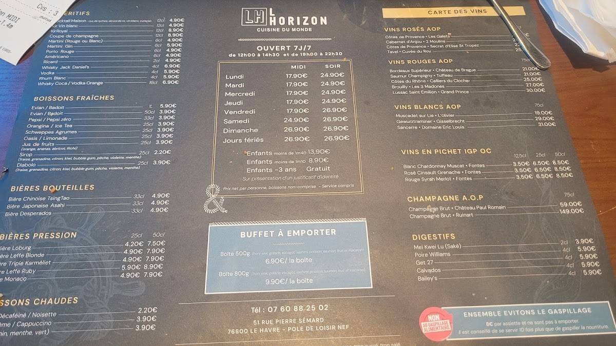 Menu au Restaurant l'Horizon, Le Havre