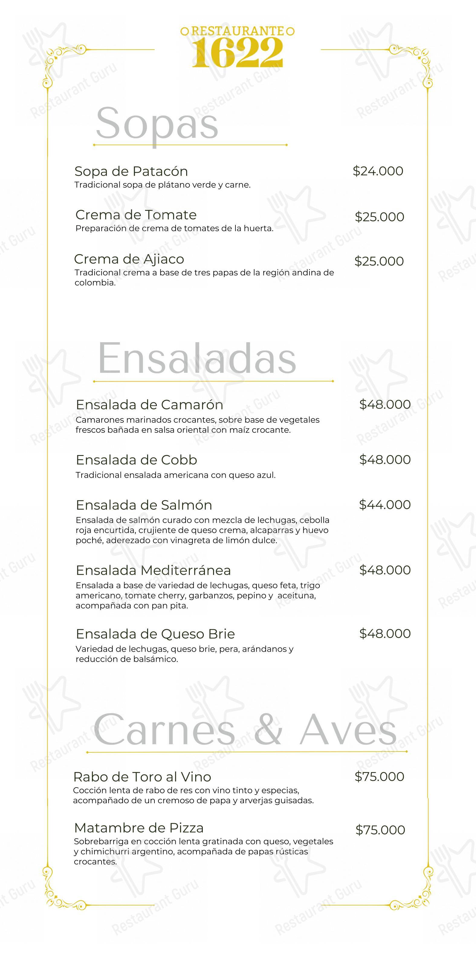 Carta de Restaurante 1622, Bucaramanga