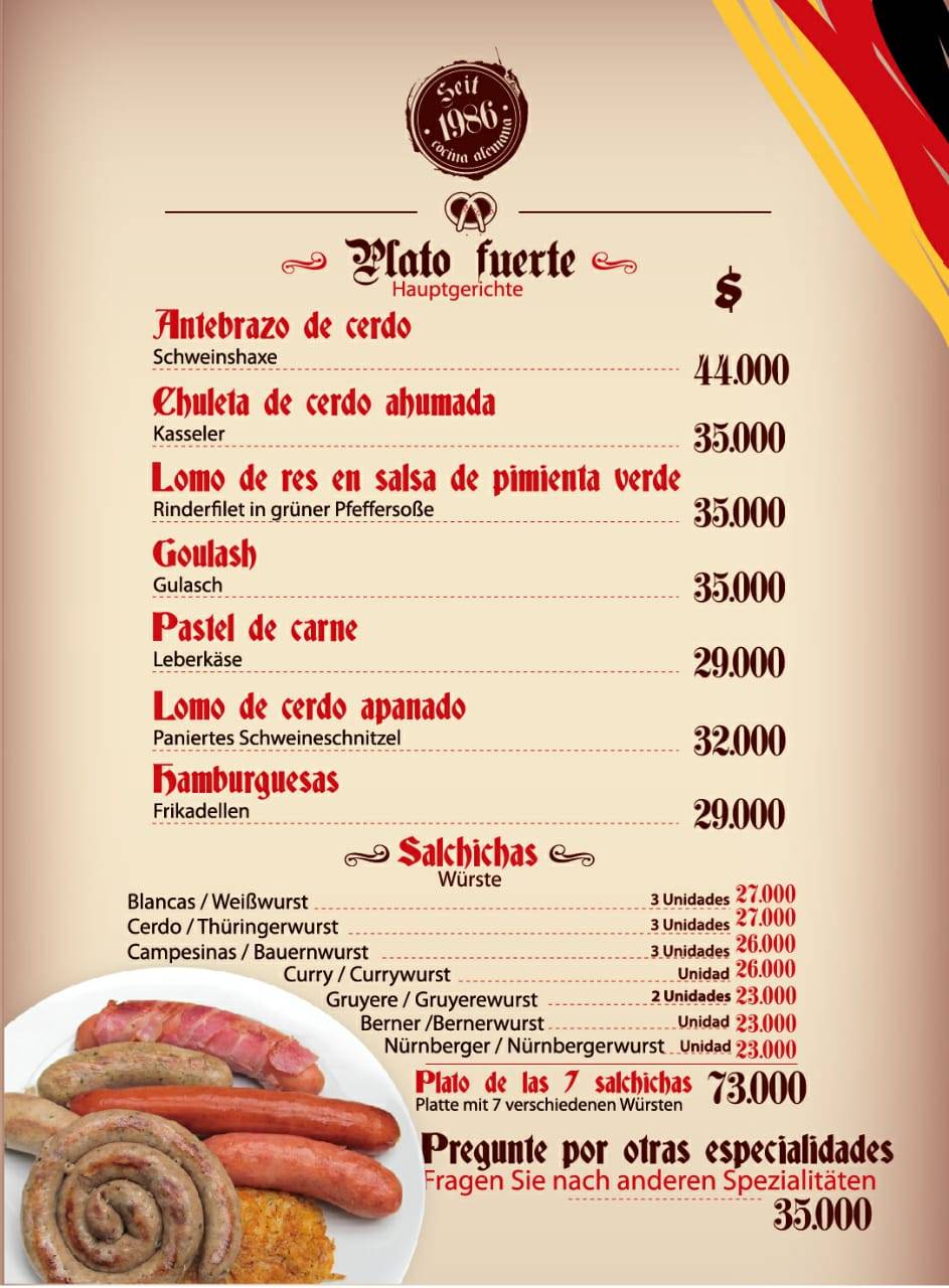 Carta de Restaurante Alemán Harald, Bogotá