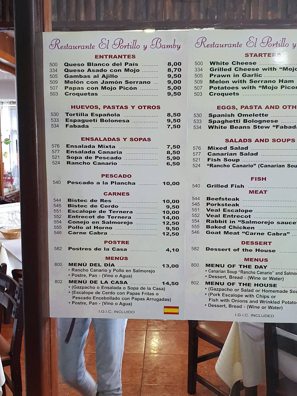 Carta de Restaurante Bambi, Las Cañadas del Teide