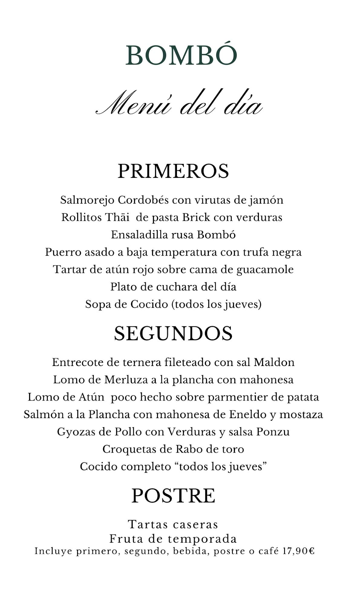 Carta de Restaurante Bombó Madrid, Madrid