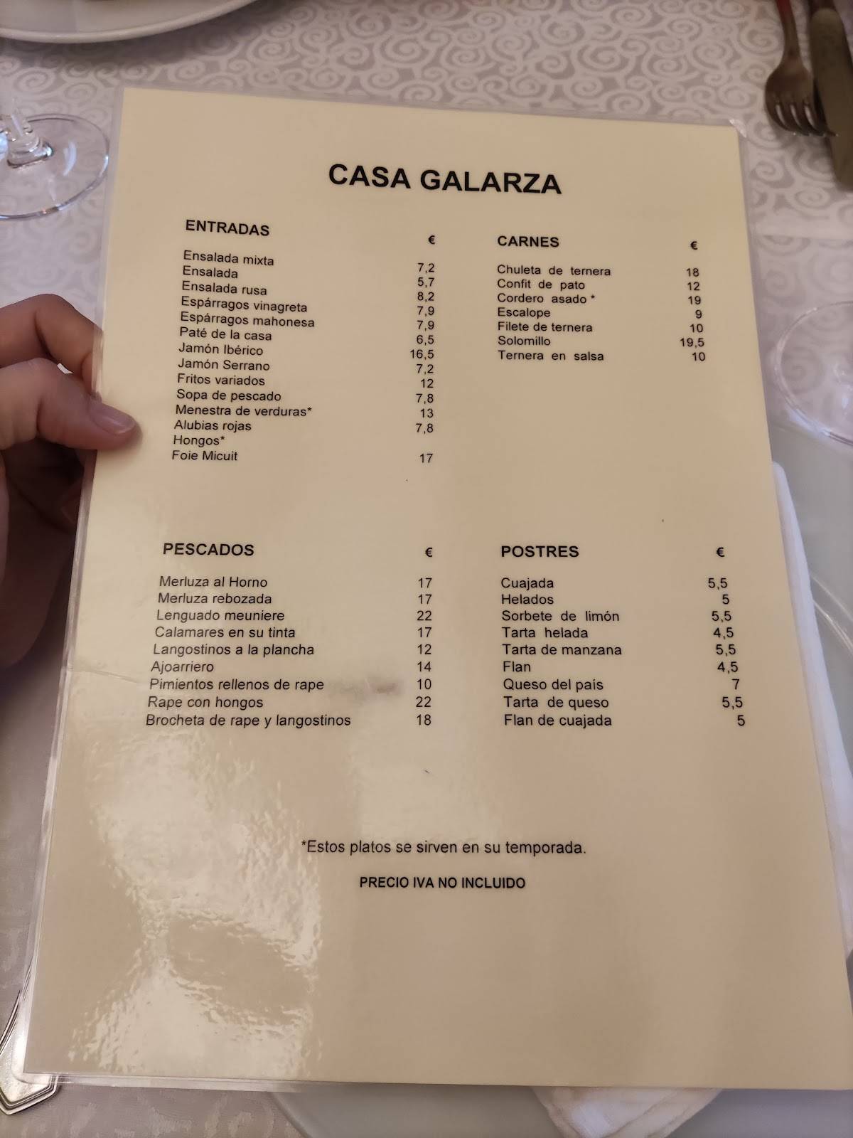 Carta de Restaurante Casa Galarza, Elizondo