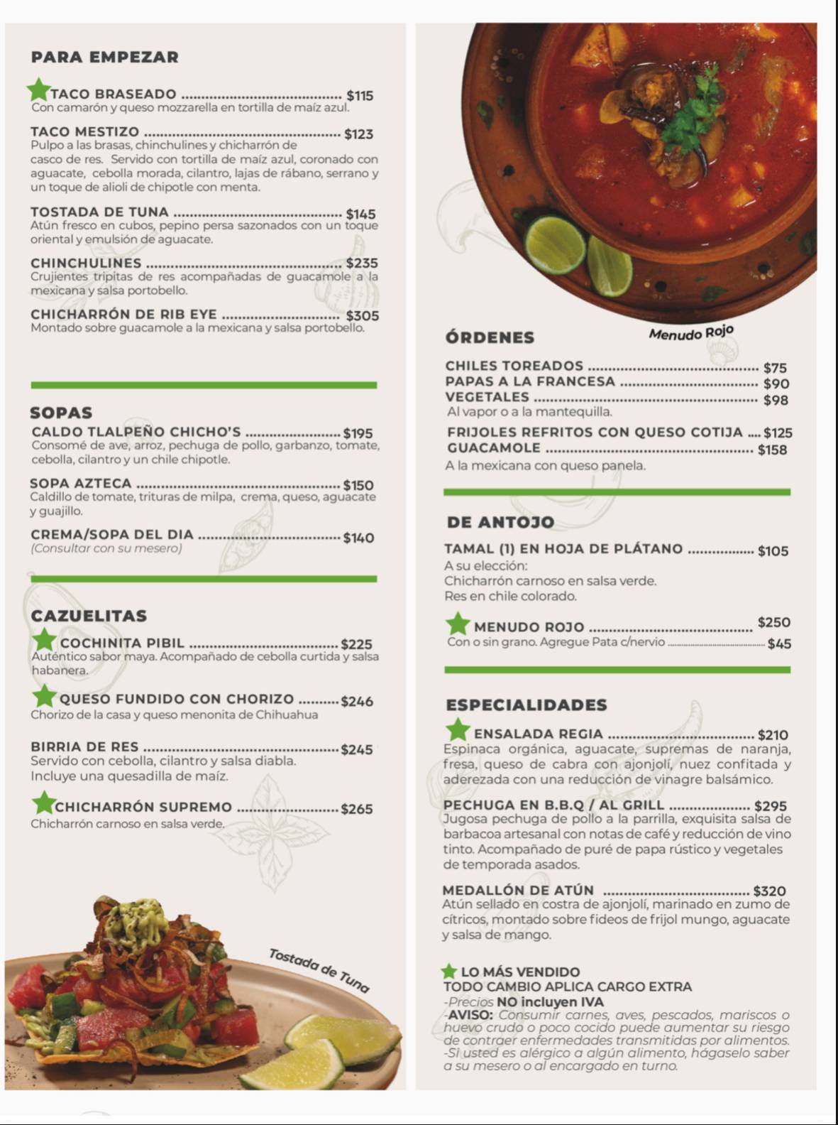 Carta de Restaurante Chichos, Tijuana