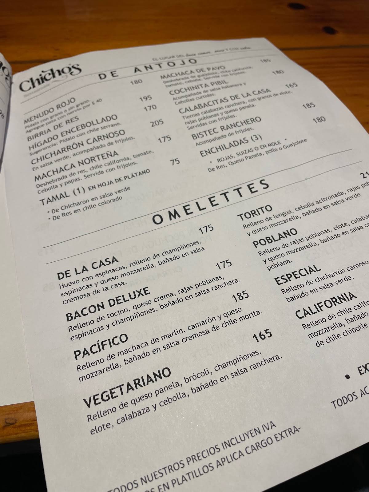 Carta de Restaurante Chichos, Tijuana