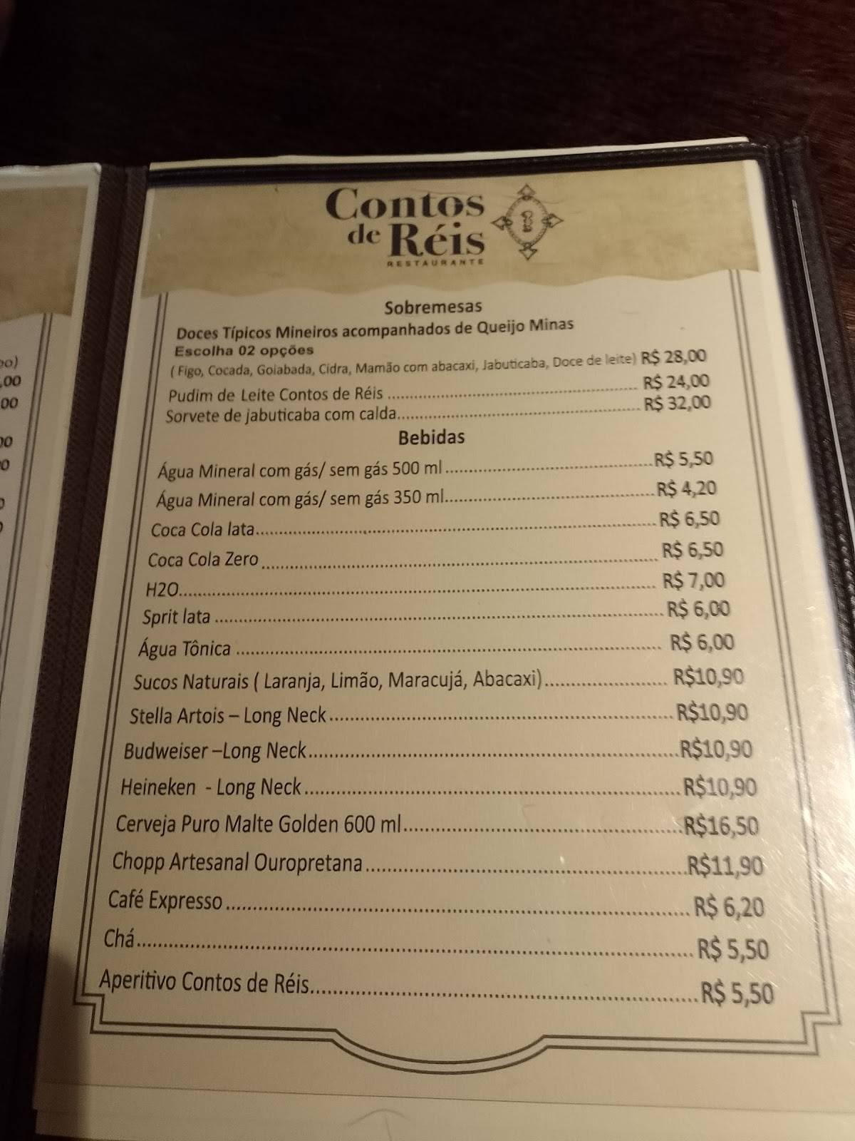 Menu em Restaurante Contos de Réis, Ouro Preto