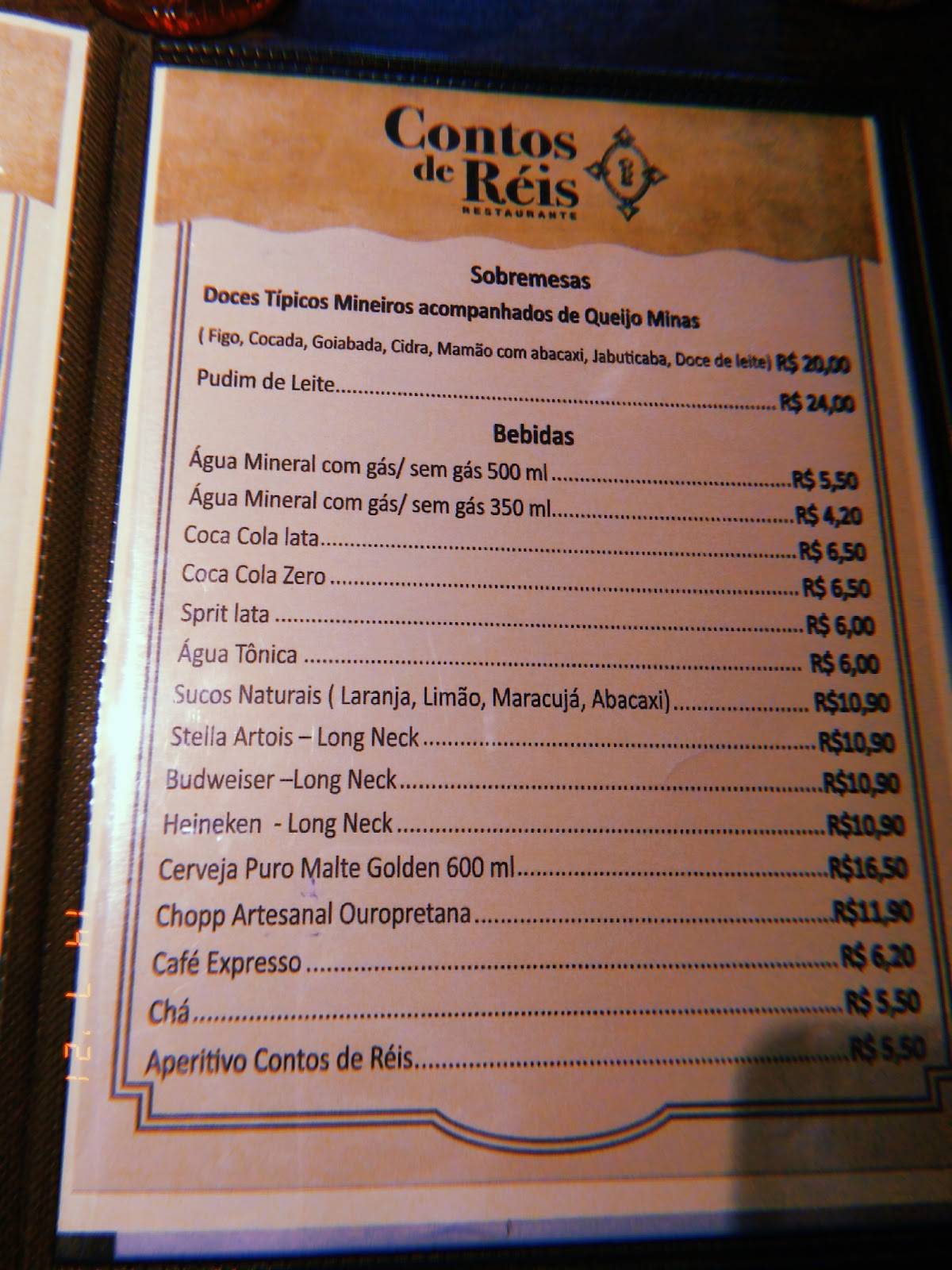 Menu em Restaurante Contos de Réis, Ouro Preto
