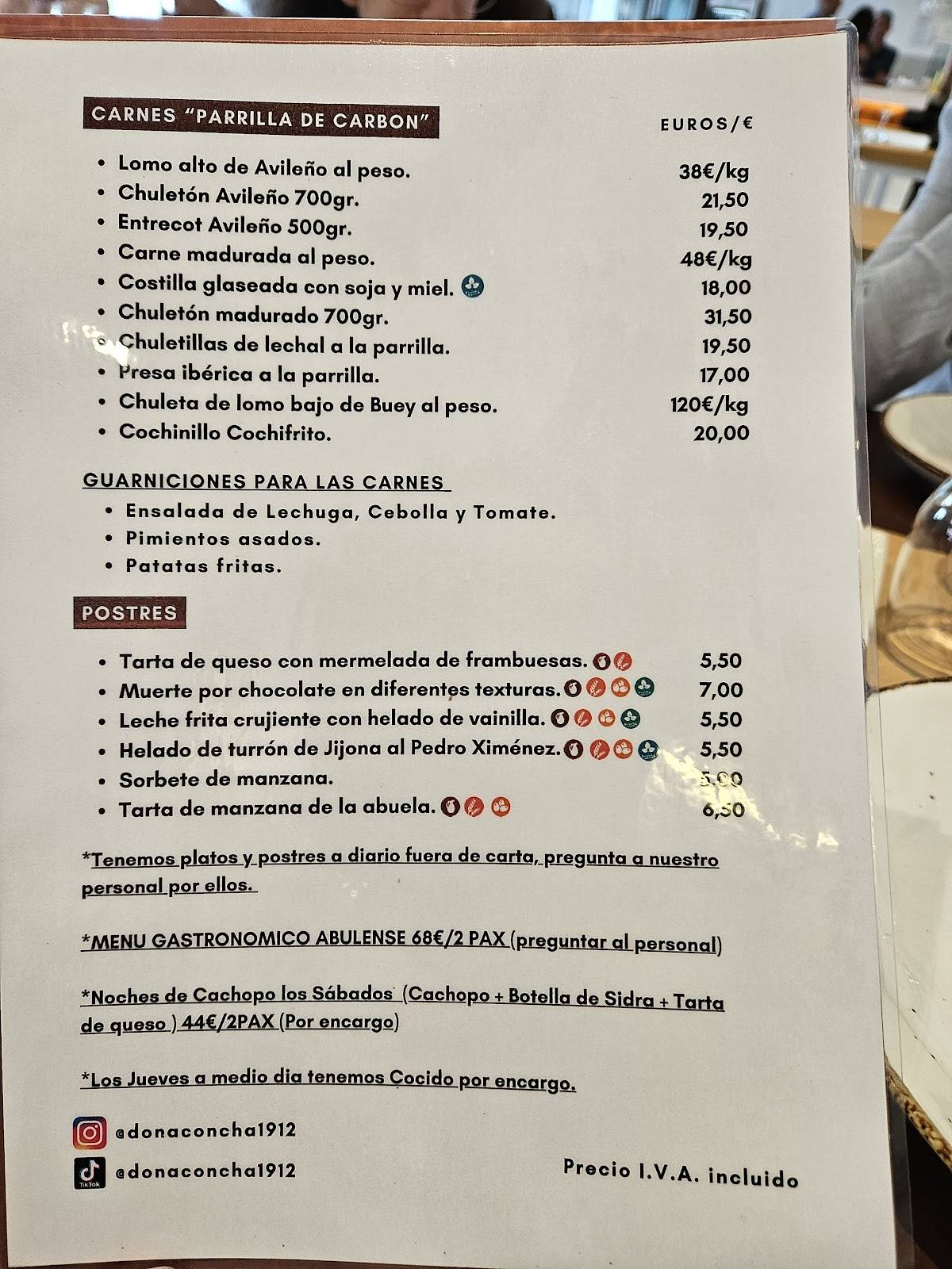 Menu at Restaurante Doña Concha 1912, Ávila‎