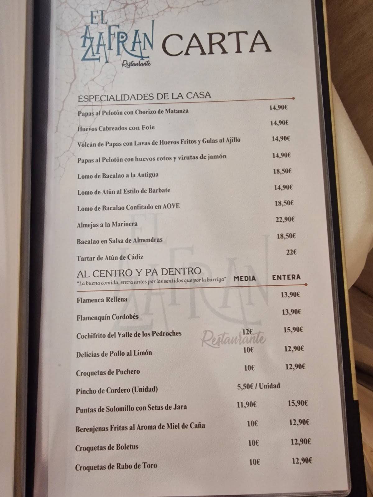 Carta de Restaurante El Azafran, Córdoba