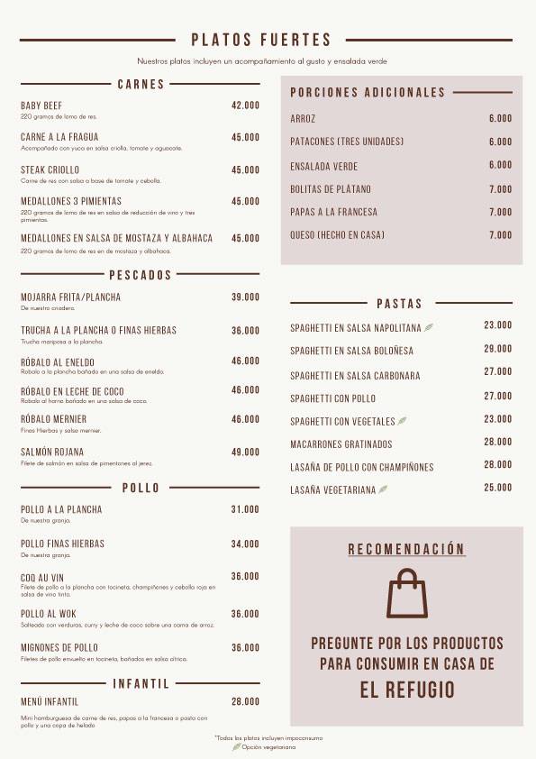 Carta de Restaurante El Refugio, Sasaima