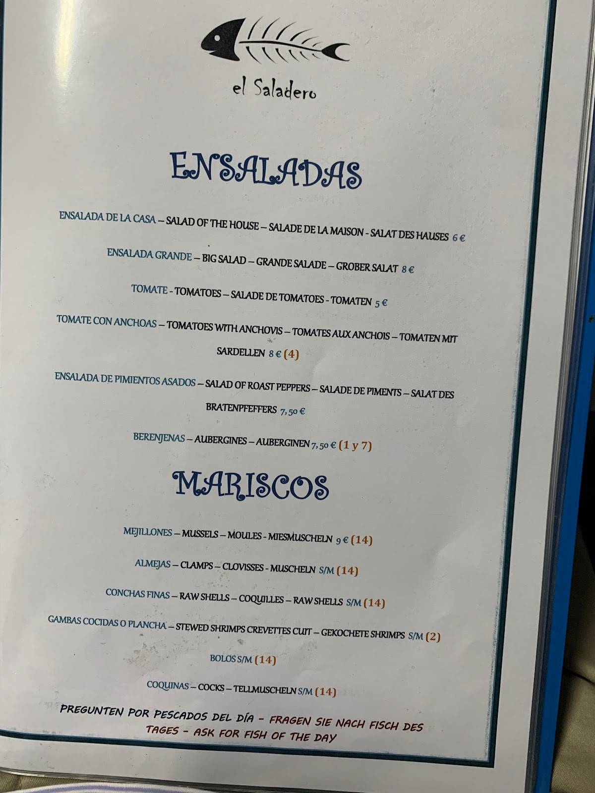 Carta de Restaurante El Saladero, Caleta de Vélez