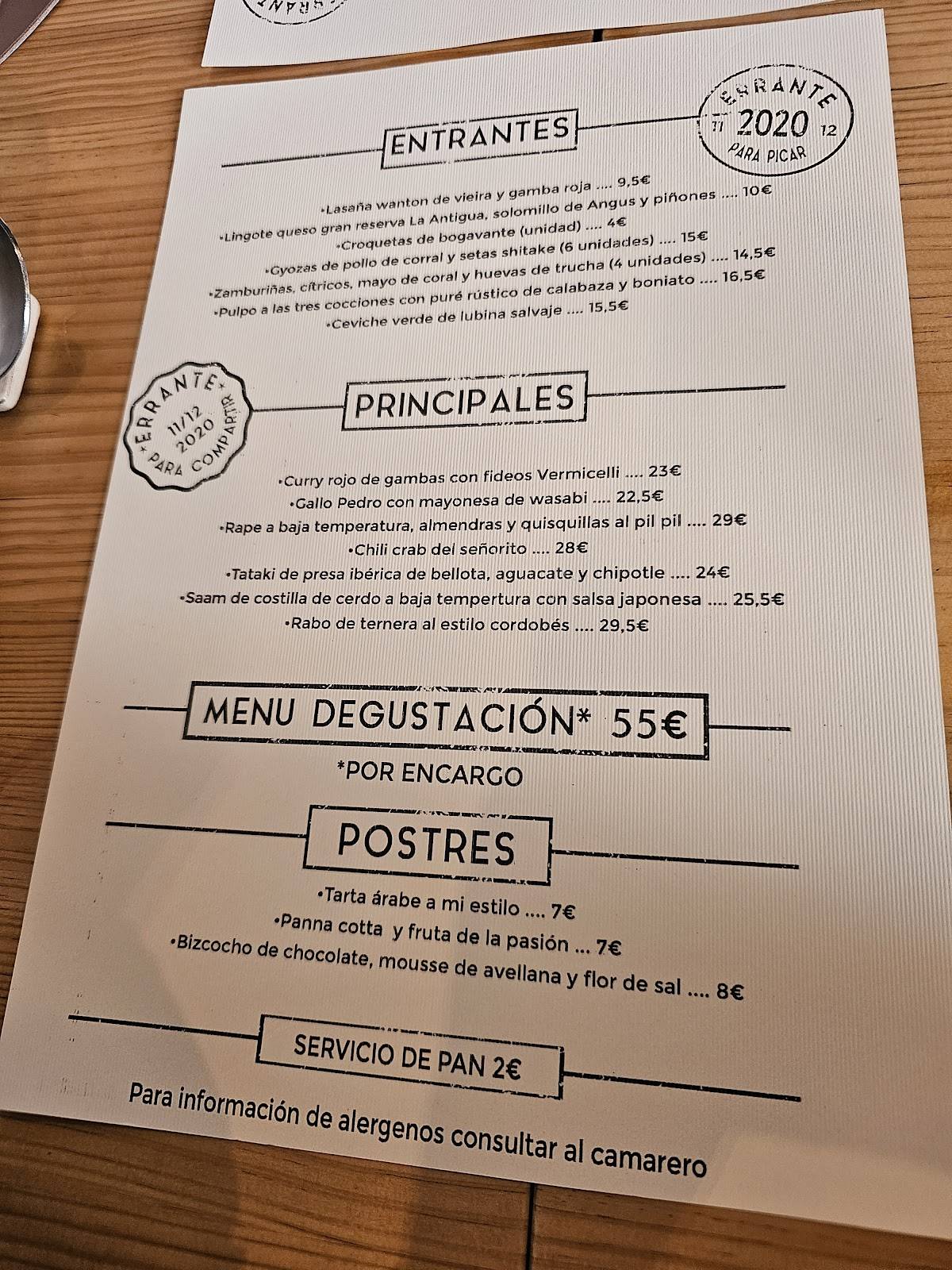 Carta de Restaurante Errante, Almería