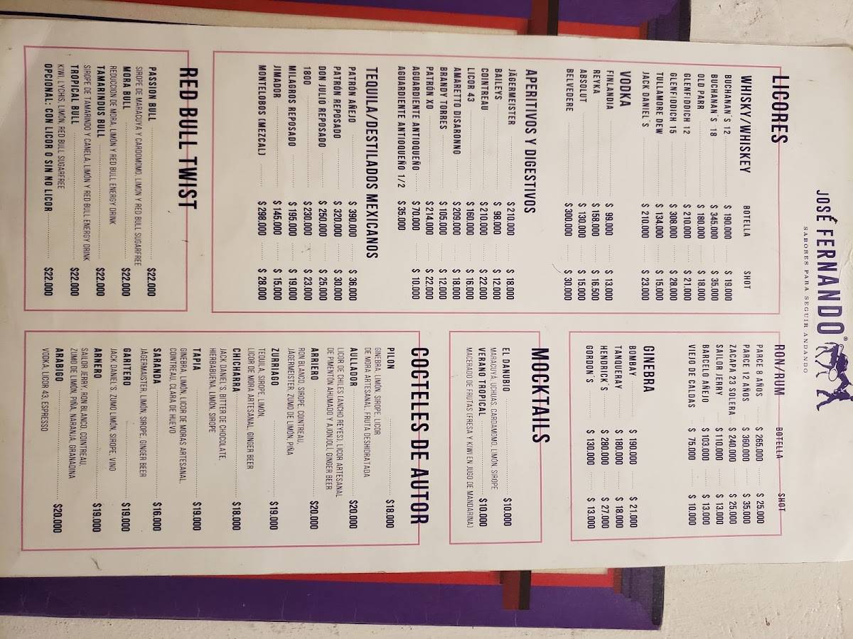 Carta de Restaurante José Fernando, Filandia