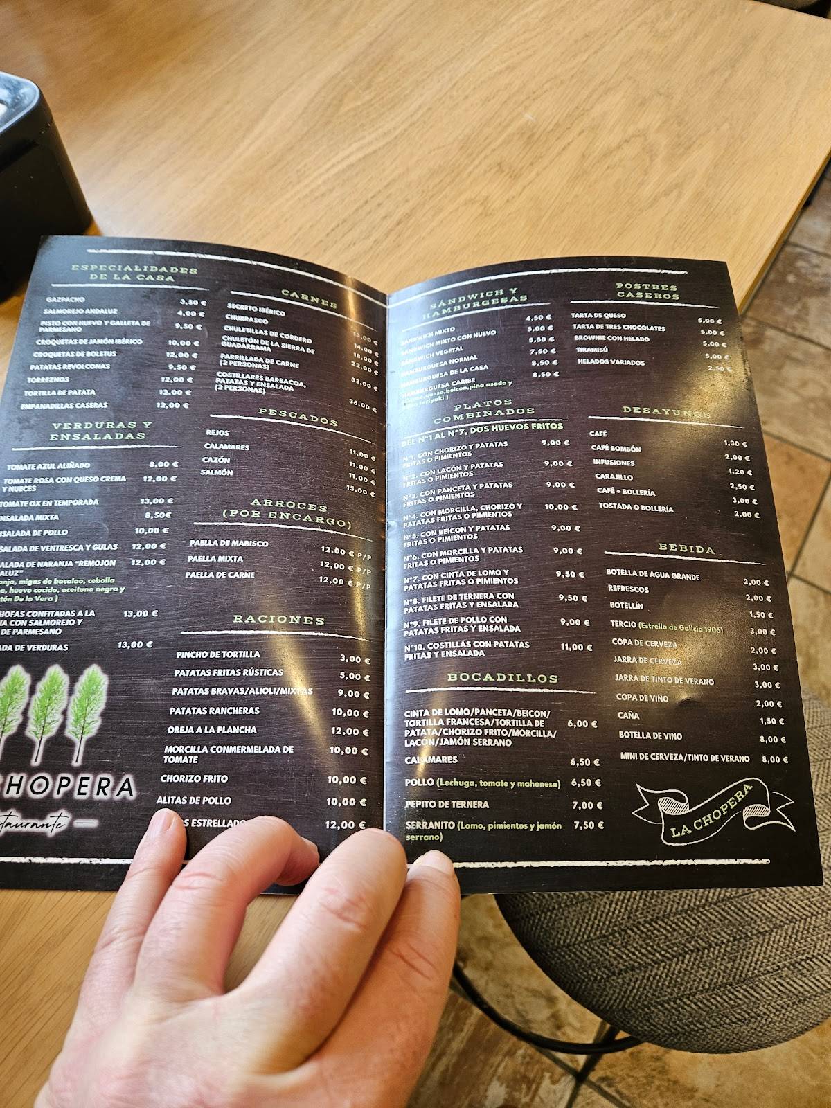 Carta de Restaurante La Chopera, España, Ponton De La Oliva