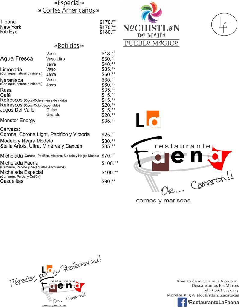 Carta de Restaurante La Faena, Nochistlán de Mejía