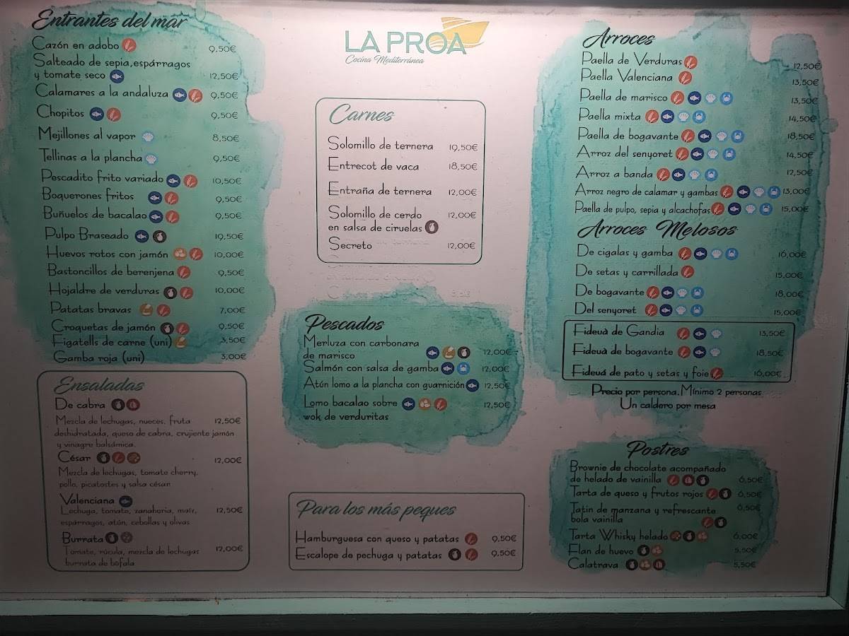Carta de Restaurante La Proa, Grau y Playa
