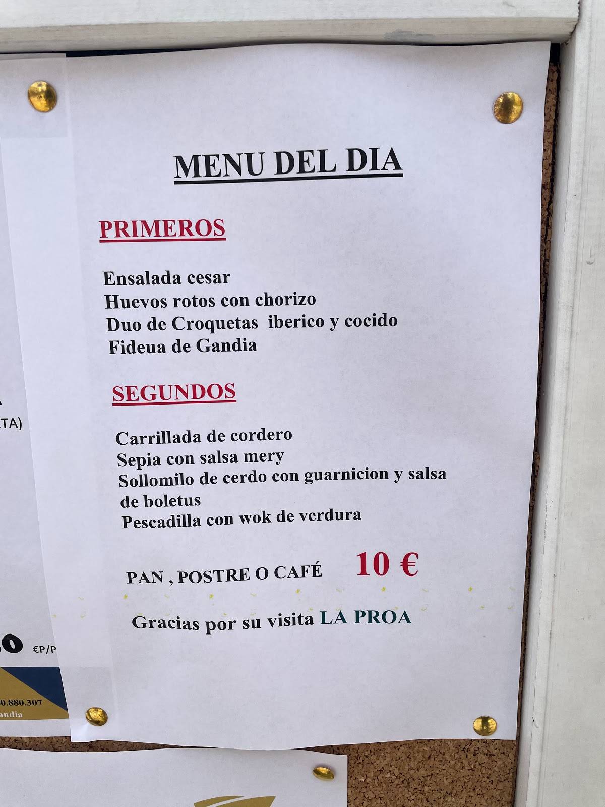 Carta de Restaurante La Proa, Grau y Playa
