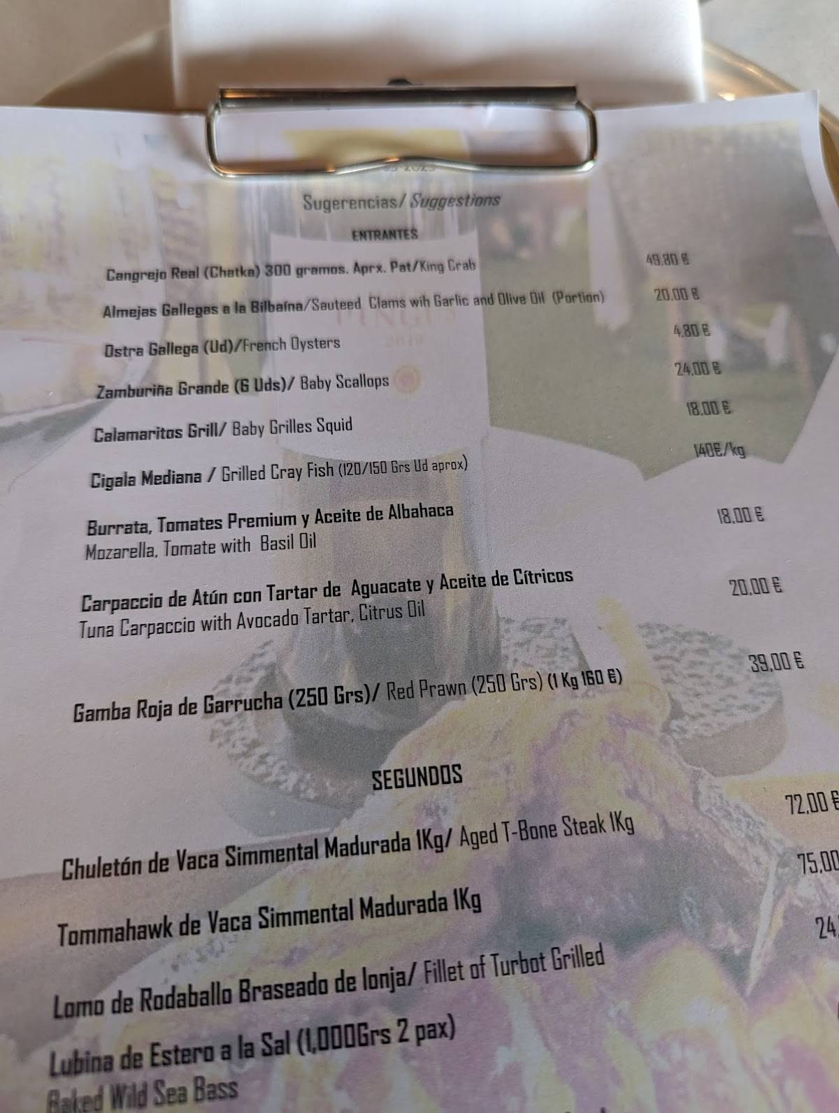 Carta de Restaurante Lua Puerto Rey, Playas de Vera