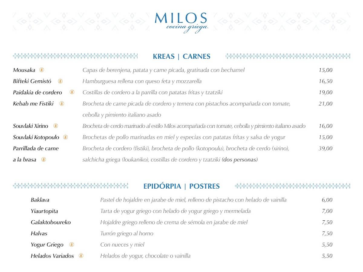Carta de Restaurante Milos, Madrid, C/ de Francisco Silvela