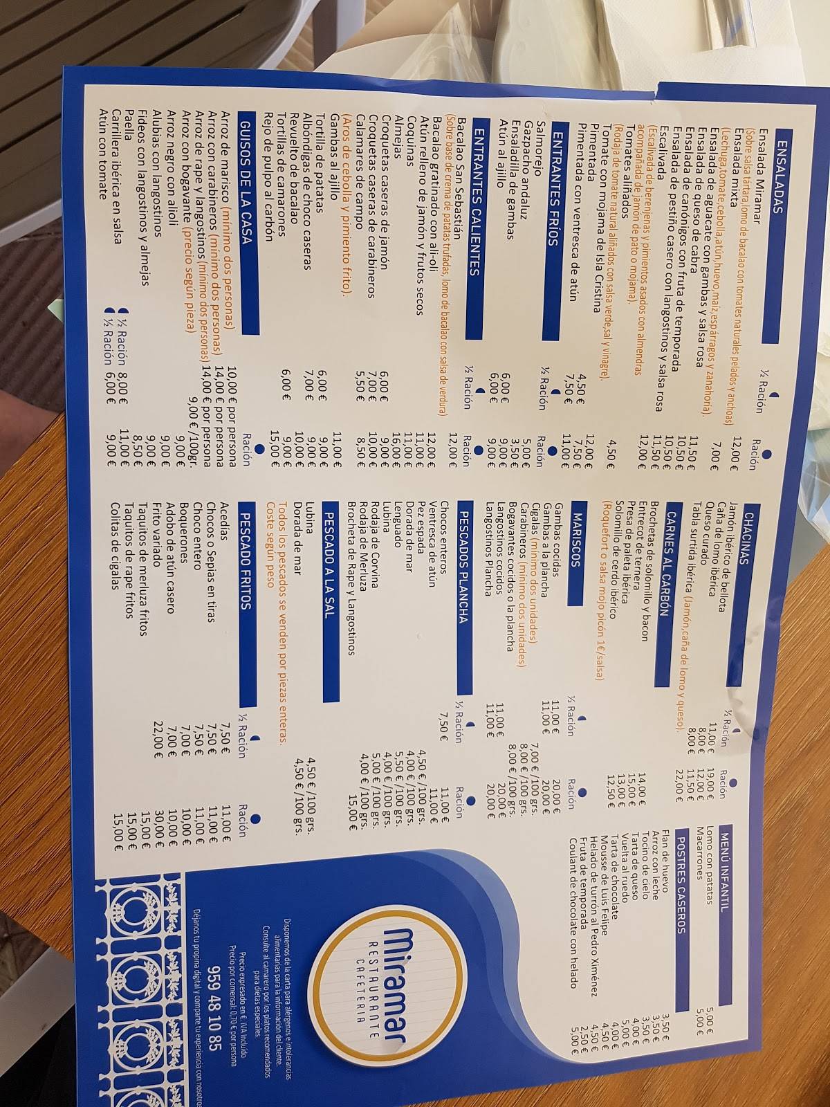 Carta de Restaurante Miramar La Antilla, Islantilla