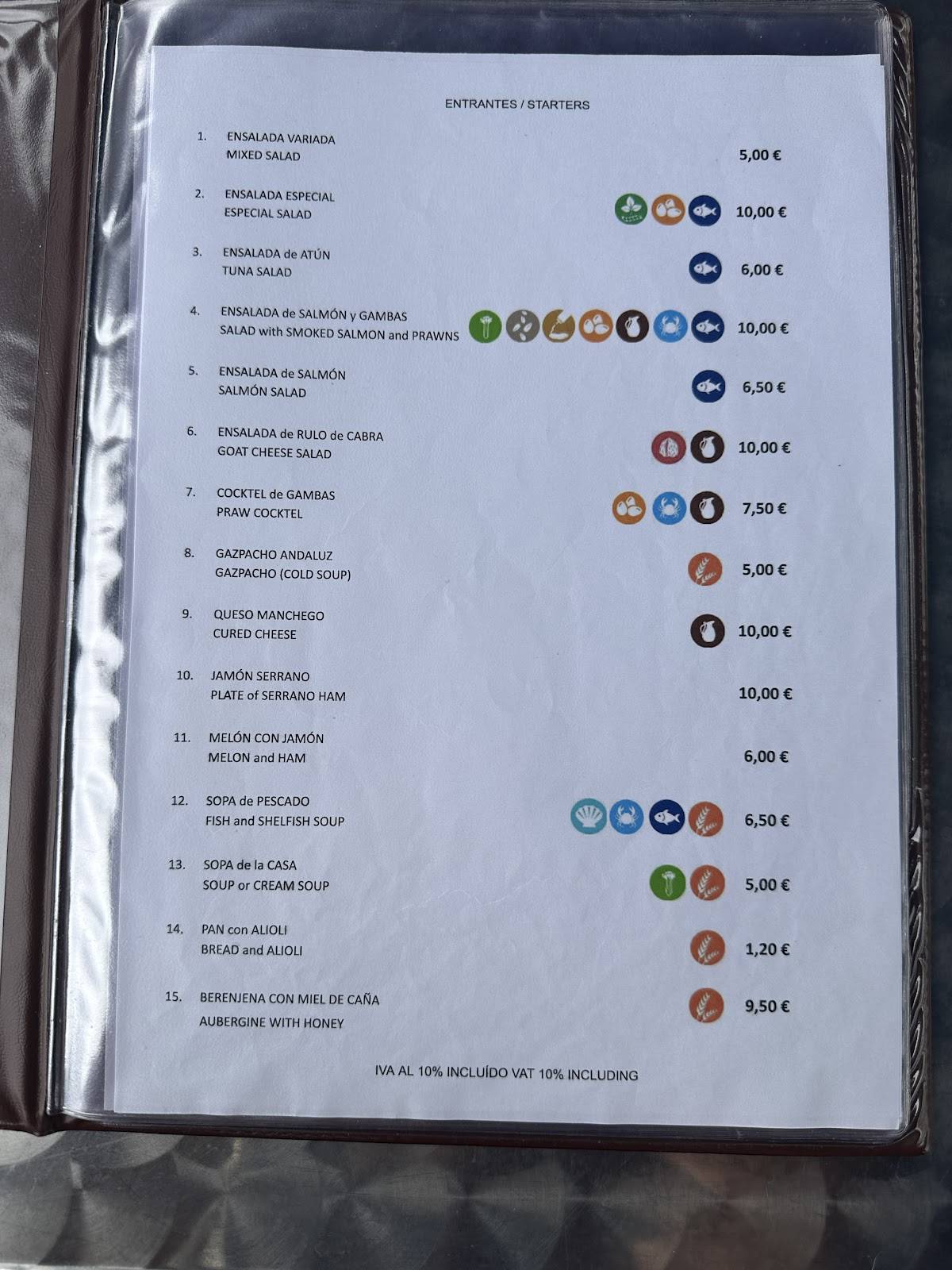 Menu at Restaurante Miramar, Bédar