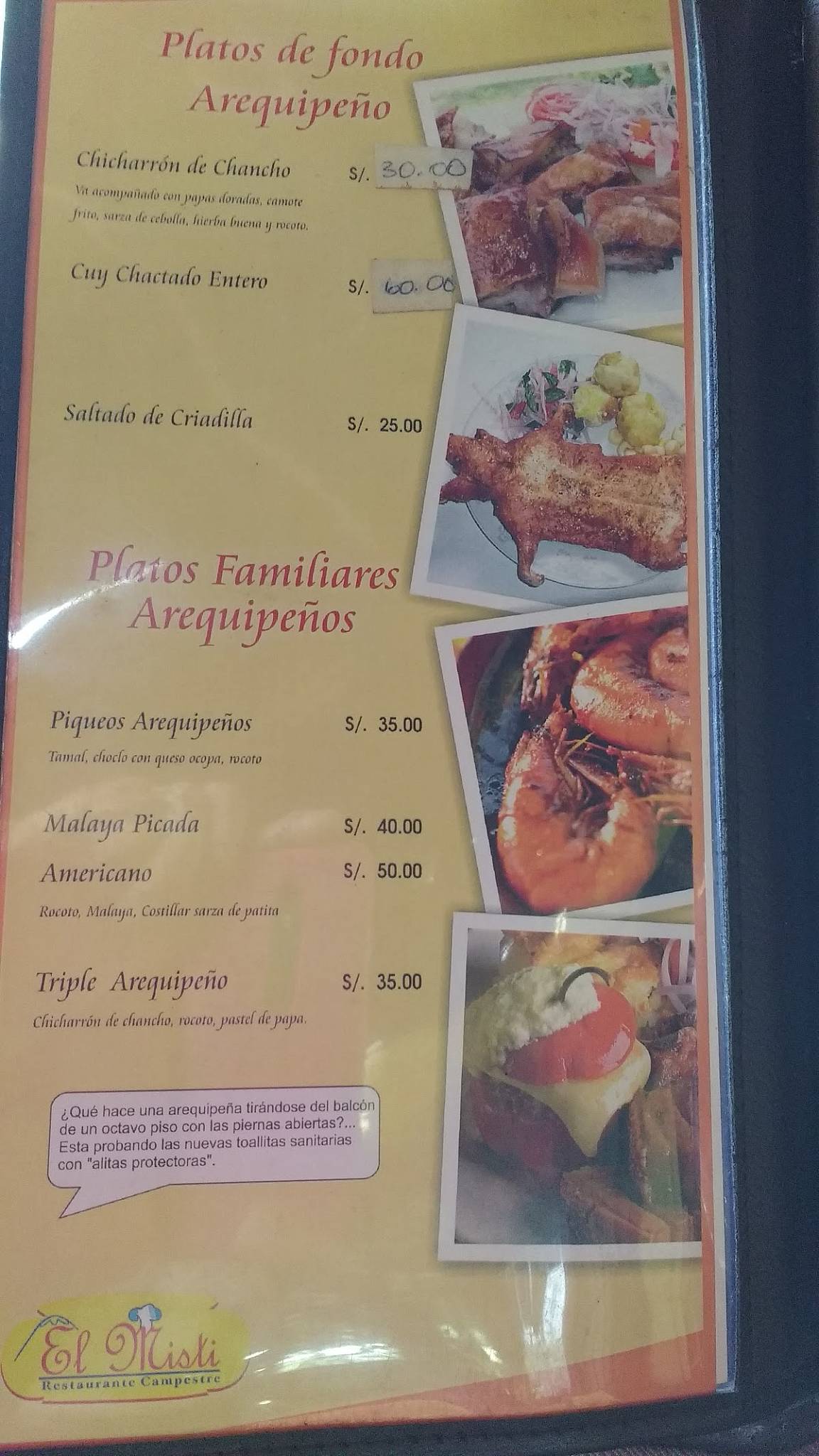 Carta del restaurante Restaurate Campestre El Misti, La Molina