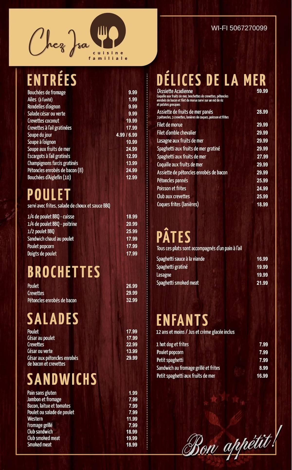 Menu at Resto Chez Isa restaurant, Bertrand