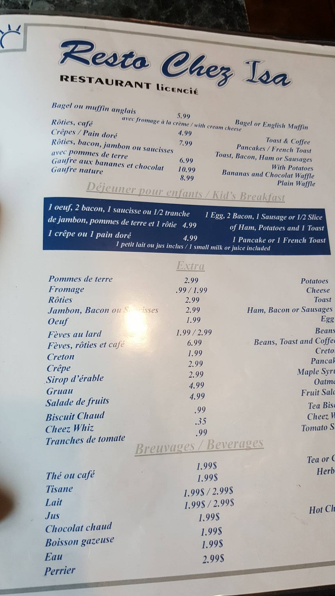 Menu au Resto Chez Isa restaurant, Bertrand