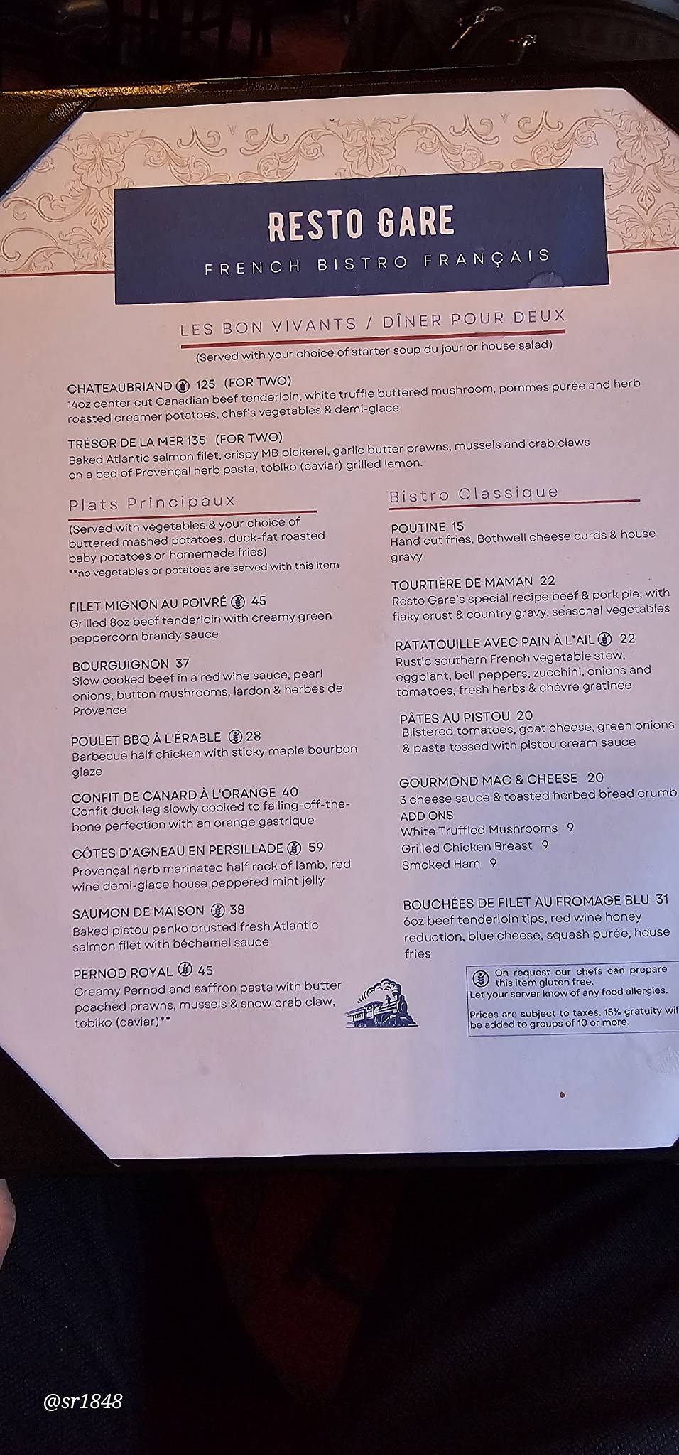 Menu at Resto Gare And Train Bar Bistro, Winnipeg