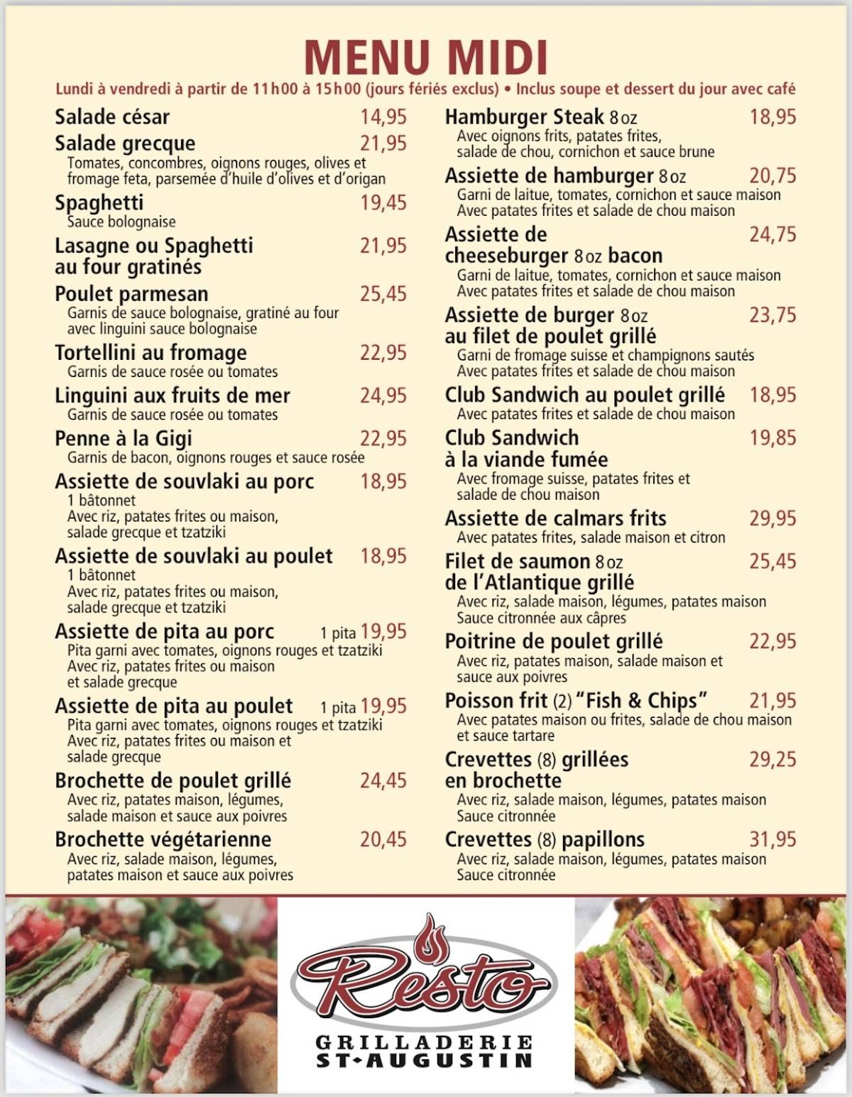 Menu au Resto St-Augustin restaurant, Mirabel, Rue de St Augustin