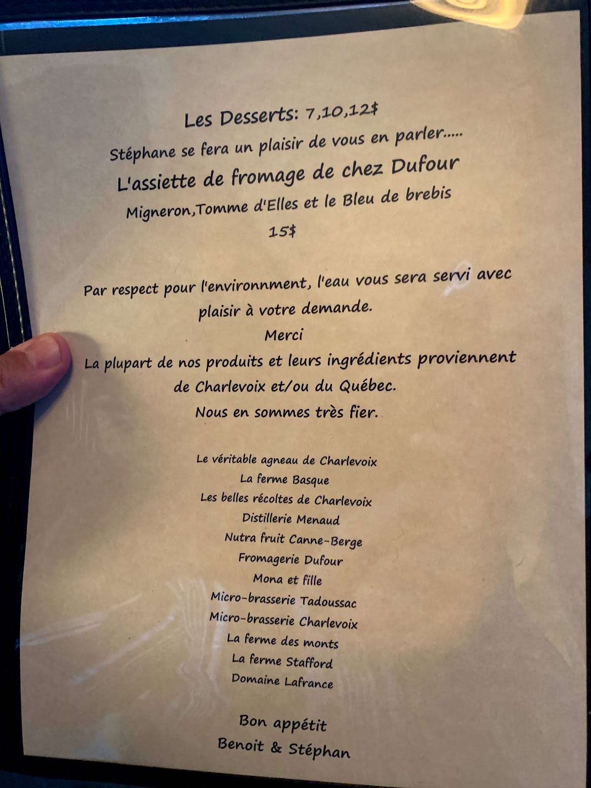 Menu au Resto Tandem restaurant, La Malbaie