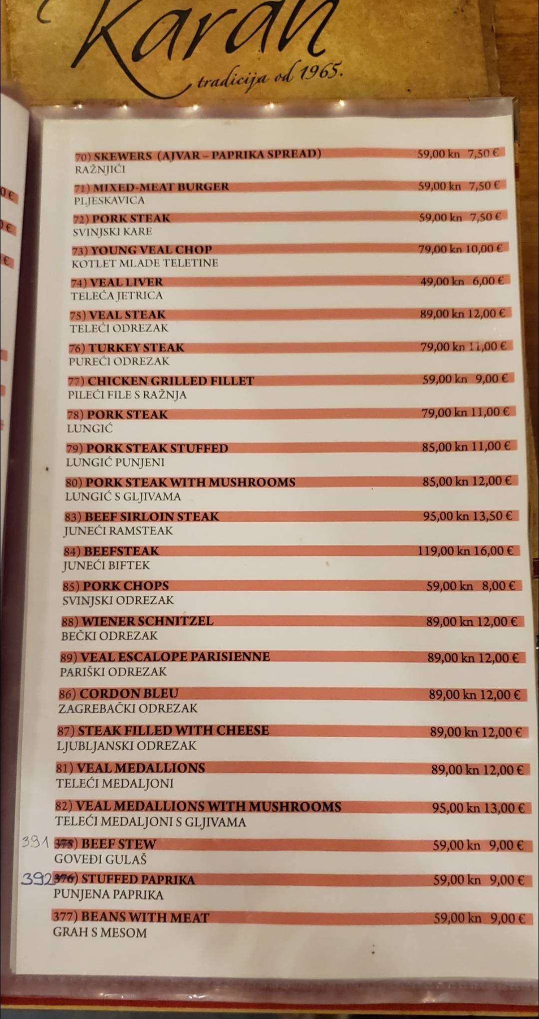Menu at Restoran Karan restaurant, Tušilović, Vukmanički Cerovac 119a