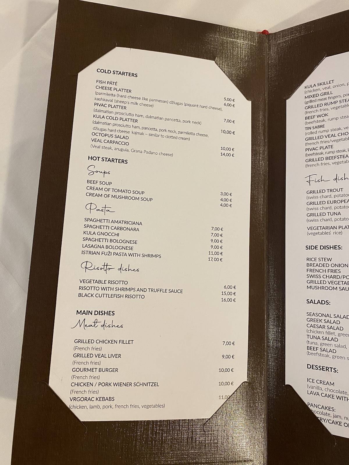 Menu at Restoran Kula restaurant, Vrgorac