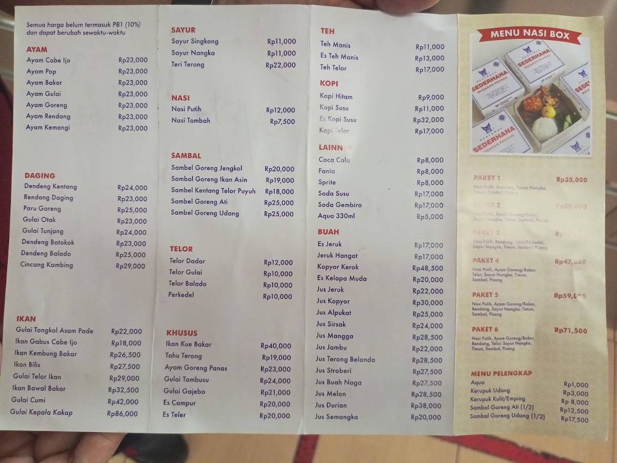 Menu at Restoran Sederhana Plaza Festival restaurant, South Jakarta