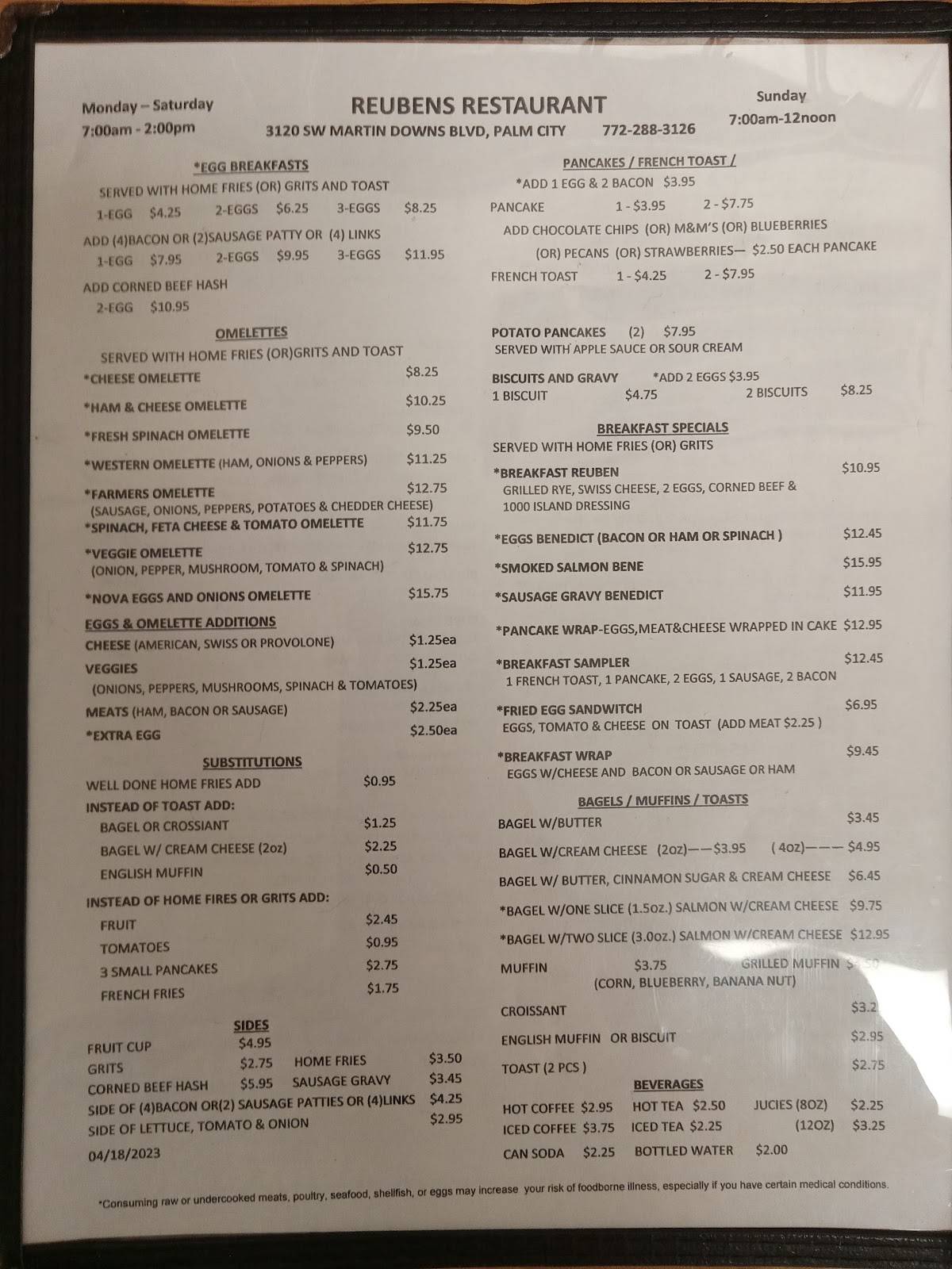 Menu at Reubens Breakfast & Lunch restaurant, Palm City, SW Martin ...