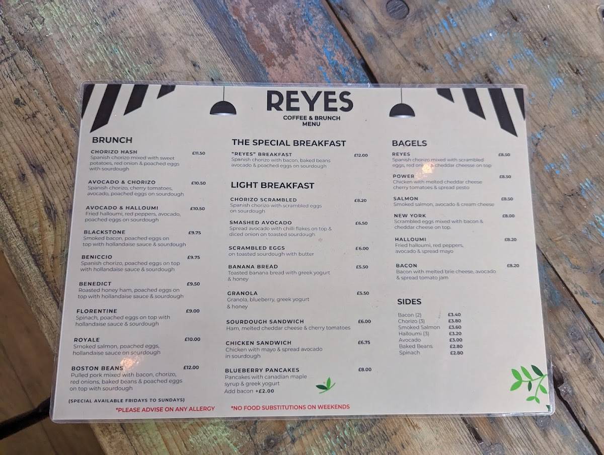 Menu at Reyes Coffee & Brunch restaurant, London, 6 Old Town