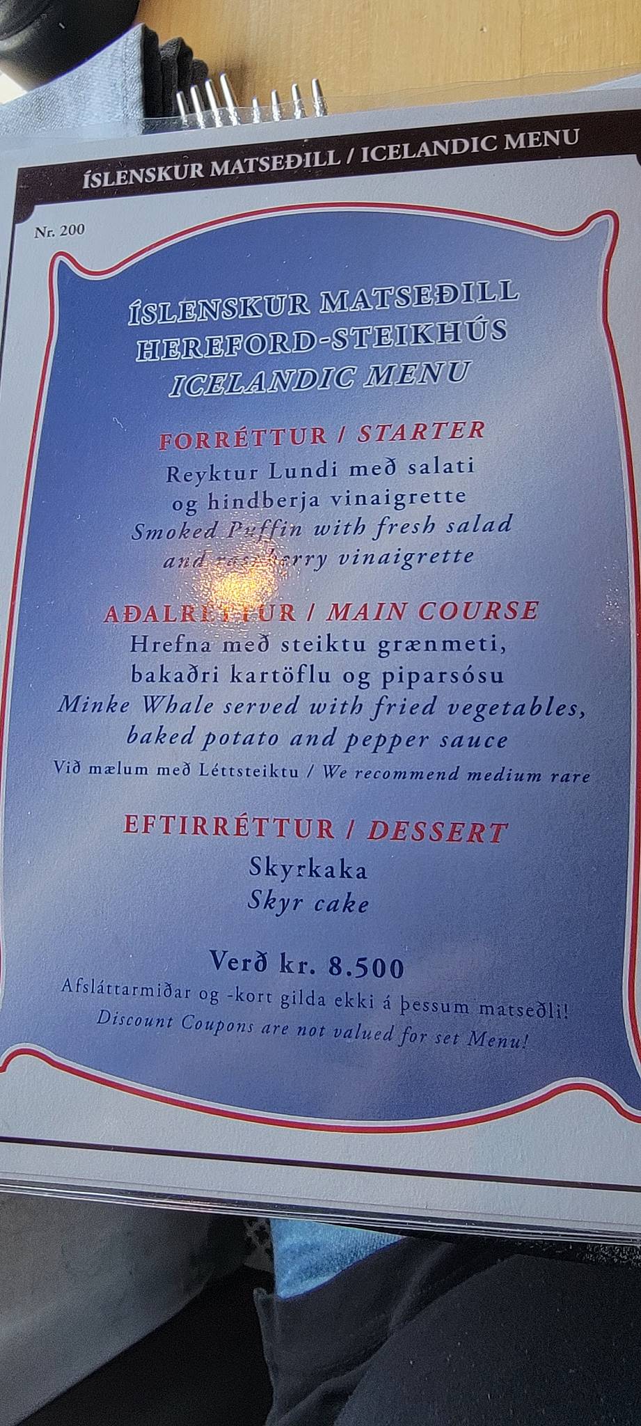 Menu at Hereford steakhouse, Reykjavík