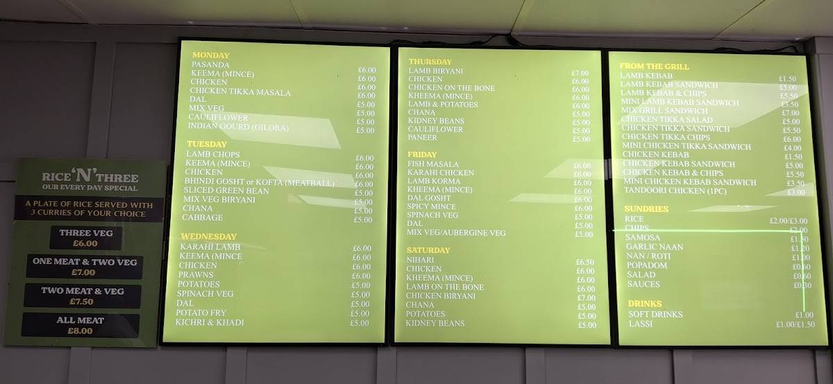 Menu at Rice 'n' Three restaurant, Bolton, 152 Deane Rd