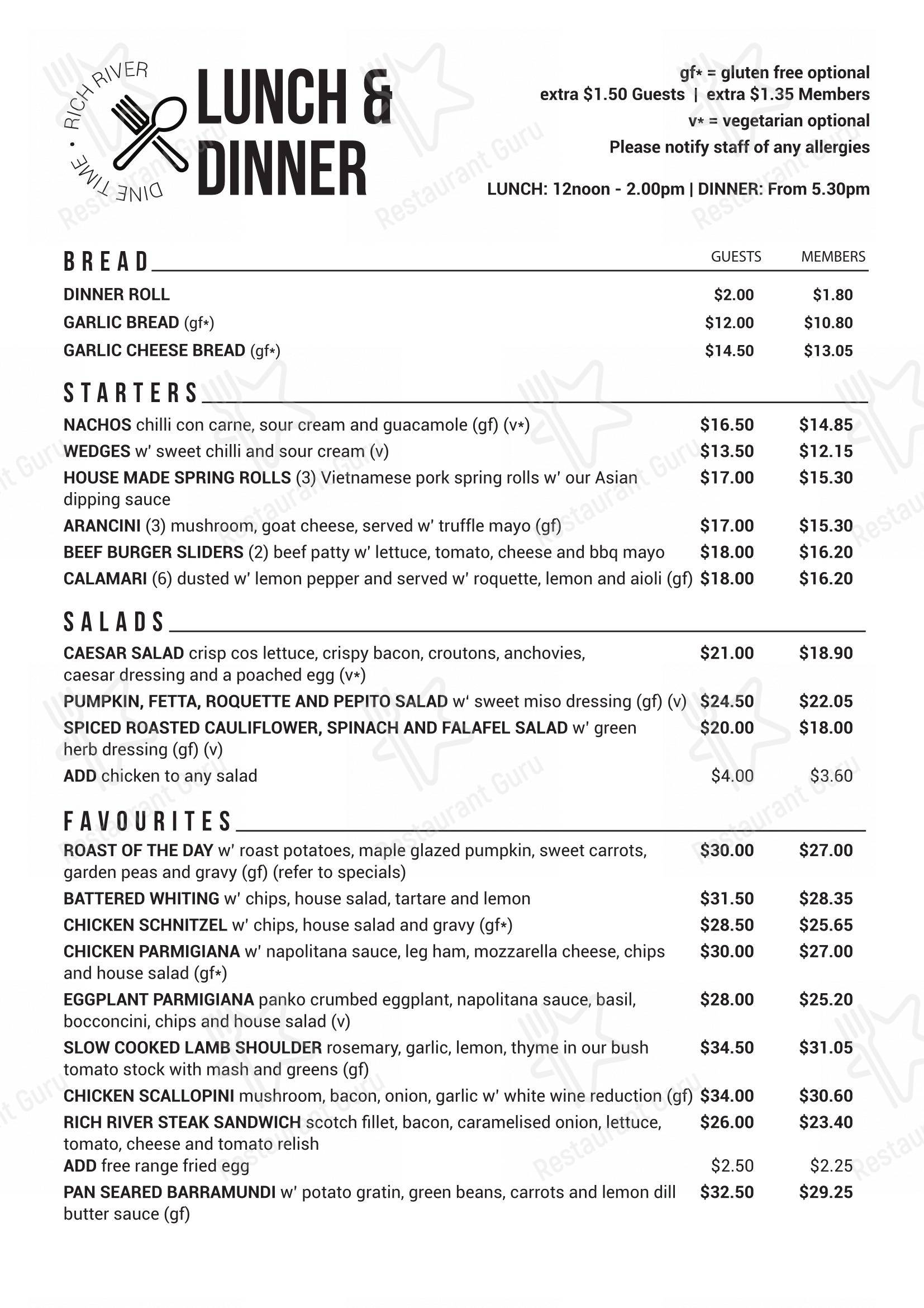Menu at Rich River Golf Club, Moama