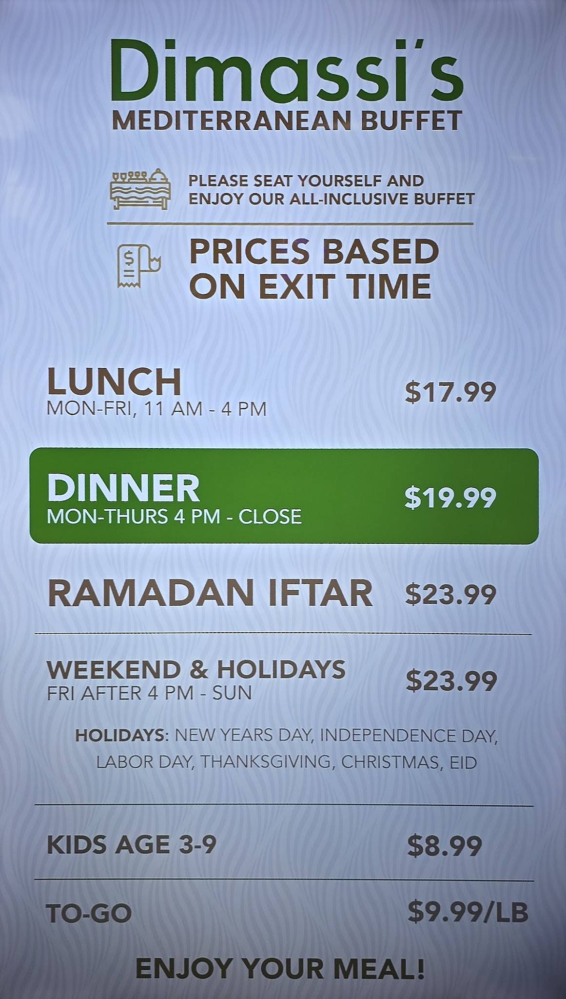 Menu at Dimassi's Mediterranean Buffet restaurant, Richardson, 180 W ...