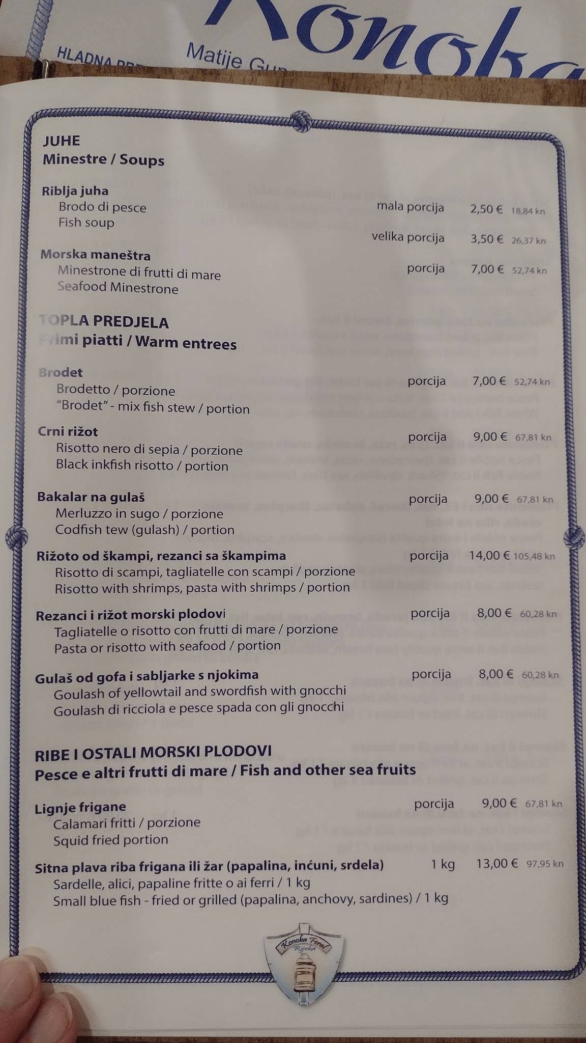 Carta de Seafood restaurant Feral, Rijeka