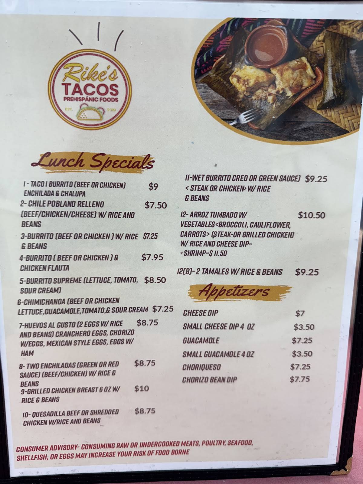 Menu at Rike’s Tacos Prehispánic Mexican Foods restaurant, Troy