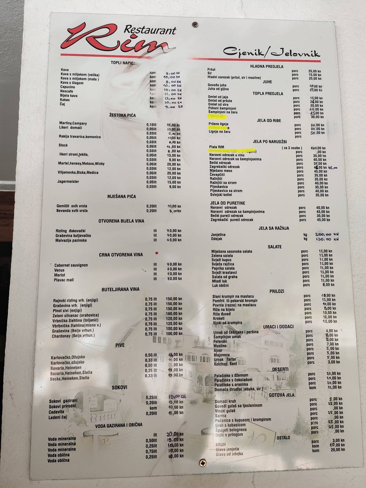 Menu at Rim restaurant, Severin na Kupi