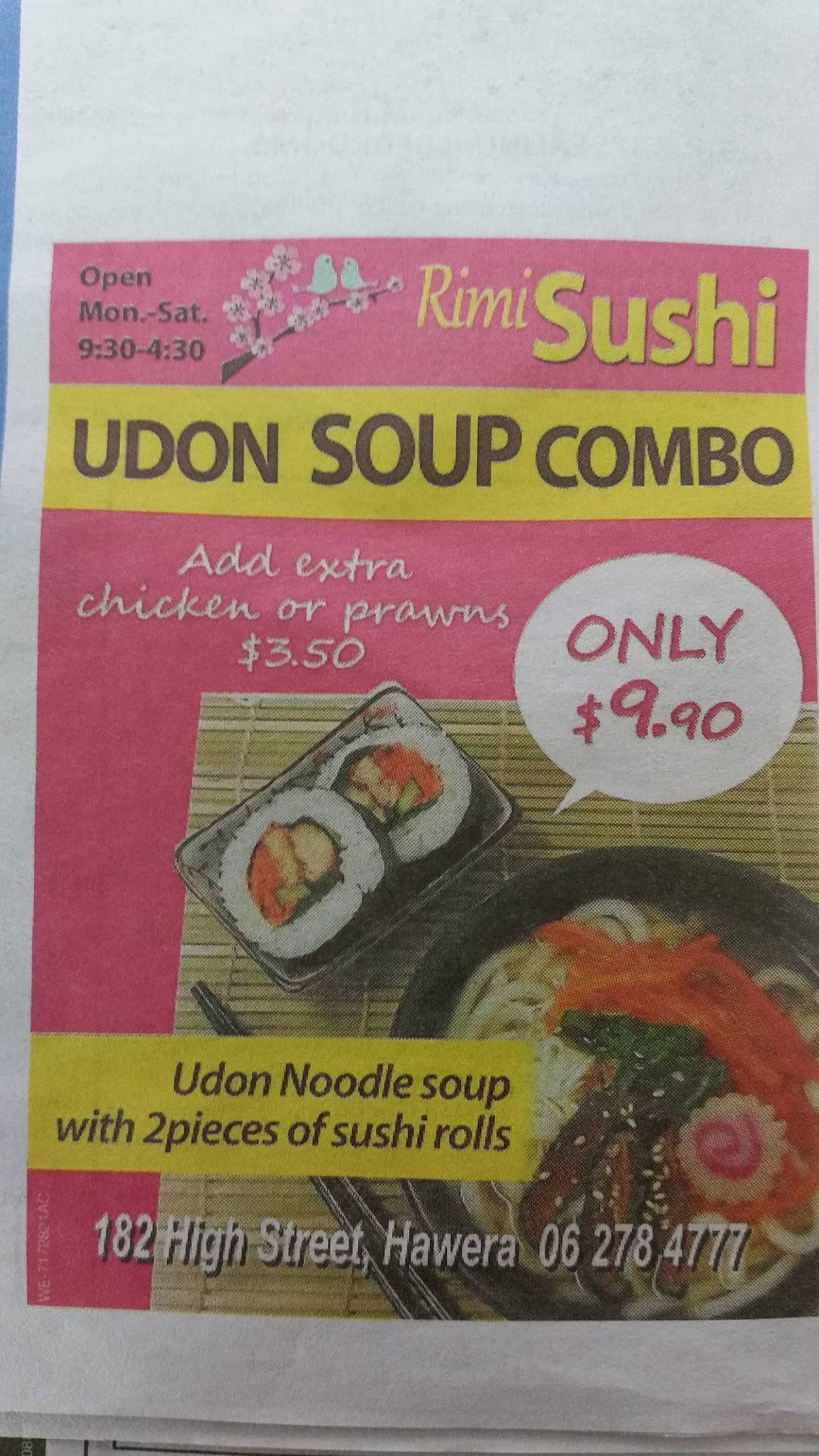 Menu at Rimi Sushi restaurant, Hawera