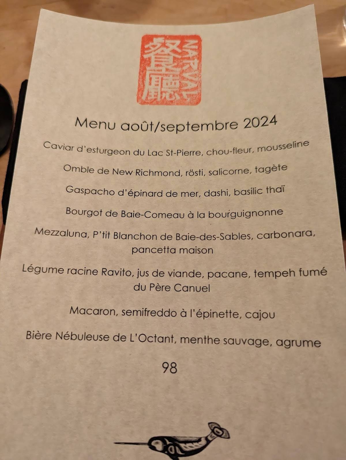 Menu au Restaurant Narval, Rimouski
