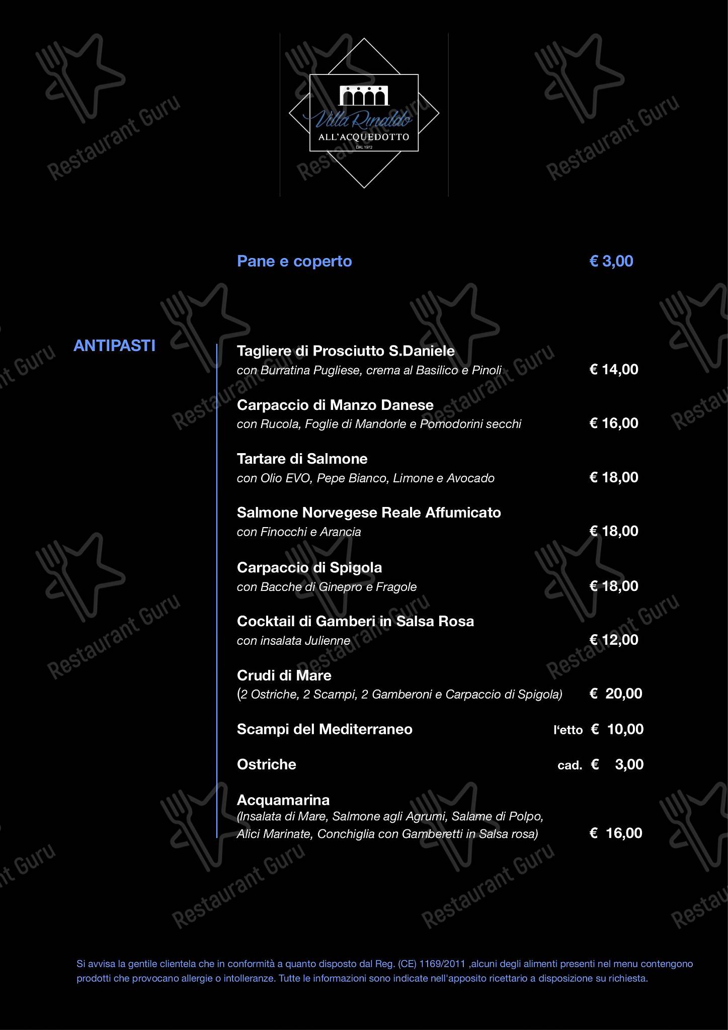 Carta del restaurante Rinaldo Allacquedotto, Roma, Via Appia Nuova