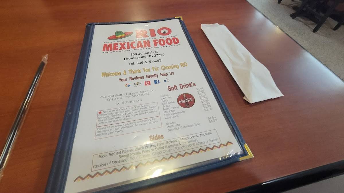 Menu at Rio Mexican Food restaurant, Thomasville